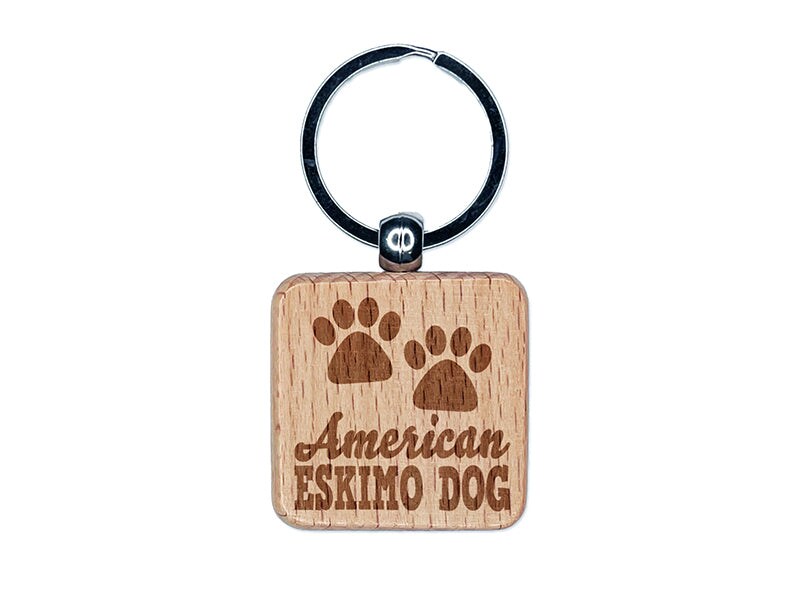 American Eskimo Dog Paw Prints Fun Text Engraved Wood Square Keychain ...