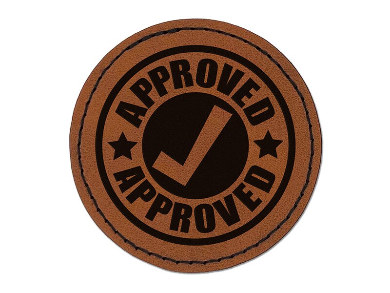 Approved Check Mark Round Iron-On Engraved Faux Leather Patch Applique ...