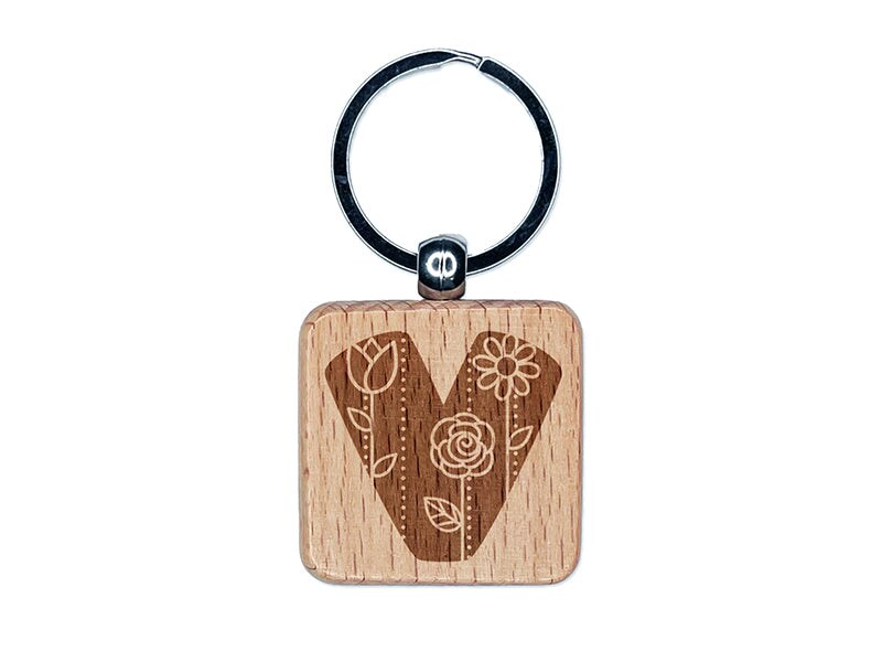 Sweet and Cute Flowers Rounded Block Letter V Engraved Wood Square ...