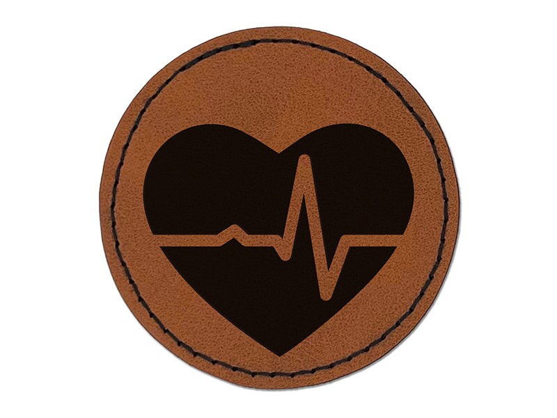EKG Pulse Heart Beat Round Iron-On Engraved Faux Leather Patch Applique ...