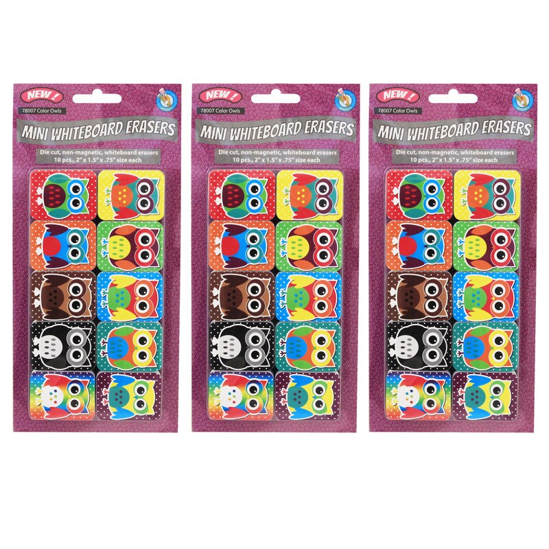 Non-Magnetic Mini Whiteboard Erasers, Color Owls, 10 Per Pack, 3 Packs ...