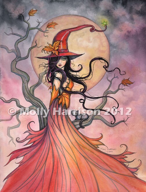 Autumn Magic - Halloween Witch and Cat Fantasy Art Watercolor Archival Print by Molly Harrison ...
