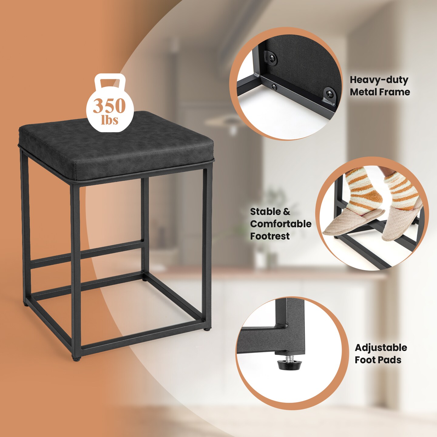 2 Pieces 24 Inch Bar Stools with Thick PVC Leather Cushion and Footrest ...