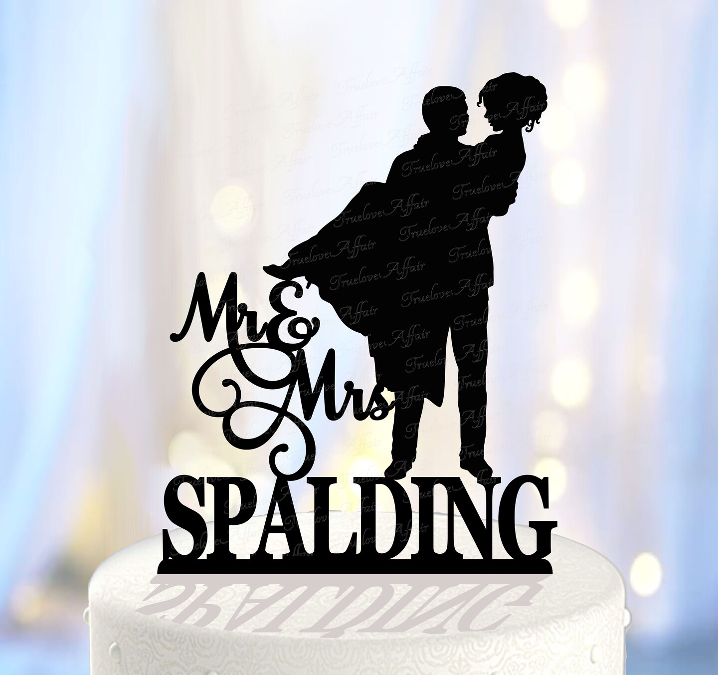Silhouette Wedding Cake Topper ~ Groom holding Bride, Kissing with Last ...
