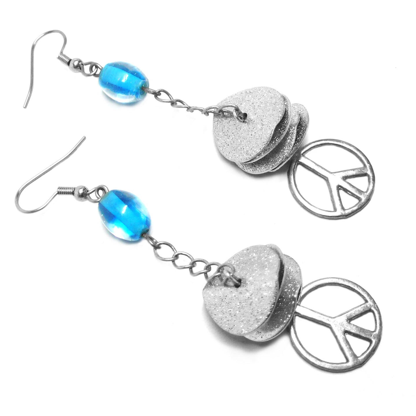 Pewter Peace Sign Chain Dangle Earrings Wavy Disk Turquoise-Blue Glass ...