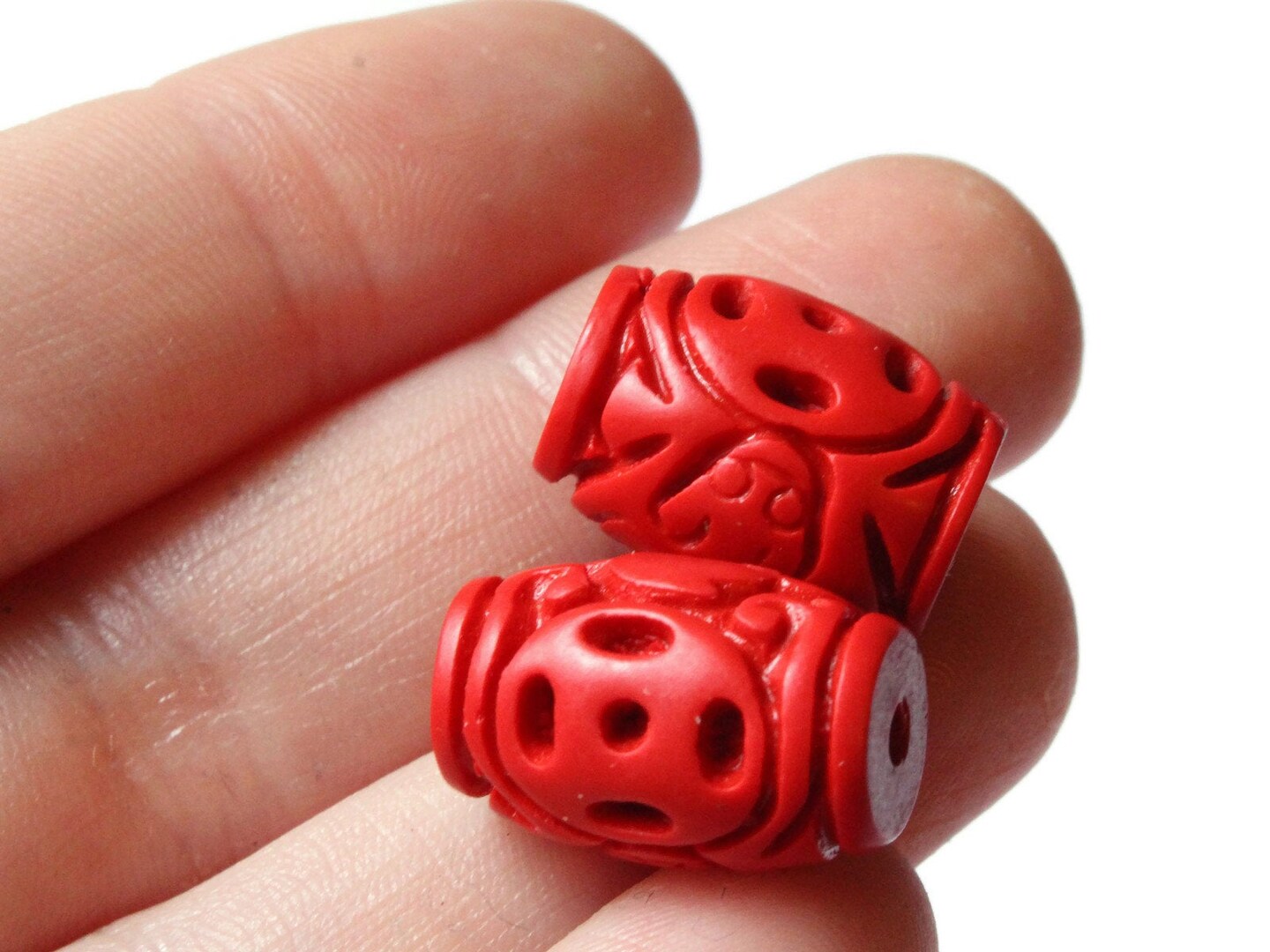 2 Carved Cinnabar Barrel Beads Loose Lacquer Tube Beads Red Patterned ...