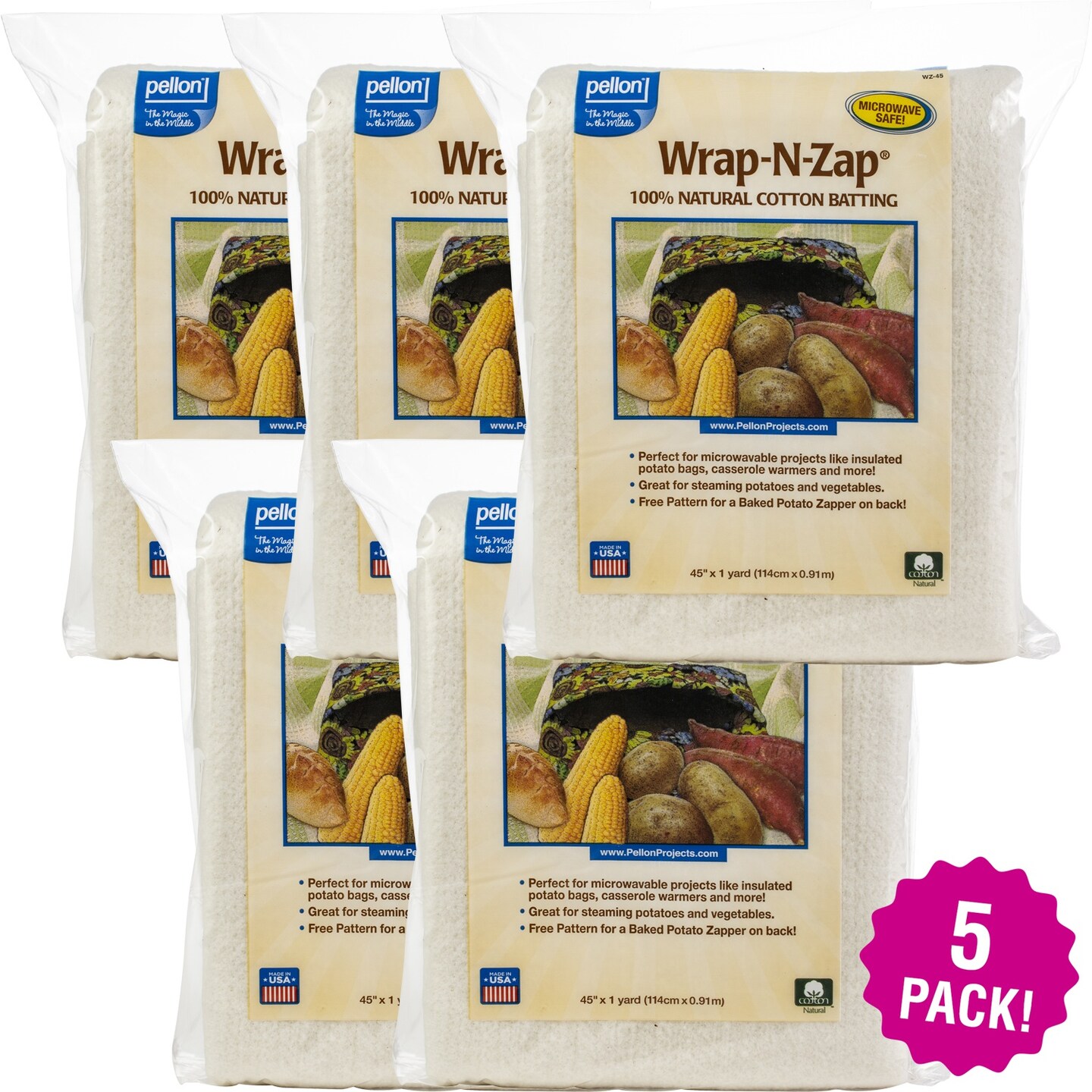 Multipack of 5 - Pellon Wrap-N-Zap 100% Natural Cotton Batting-45"X36 ...
