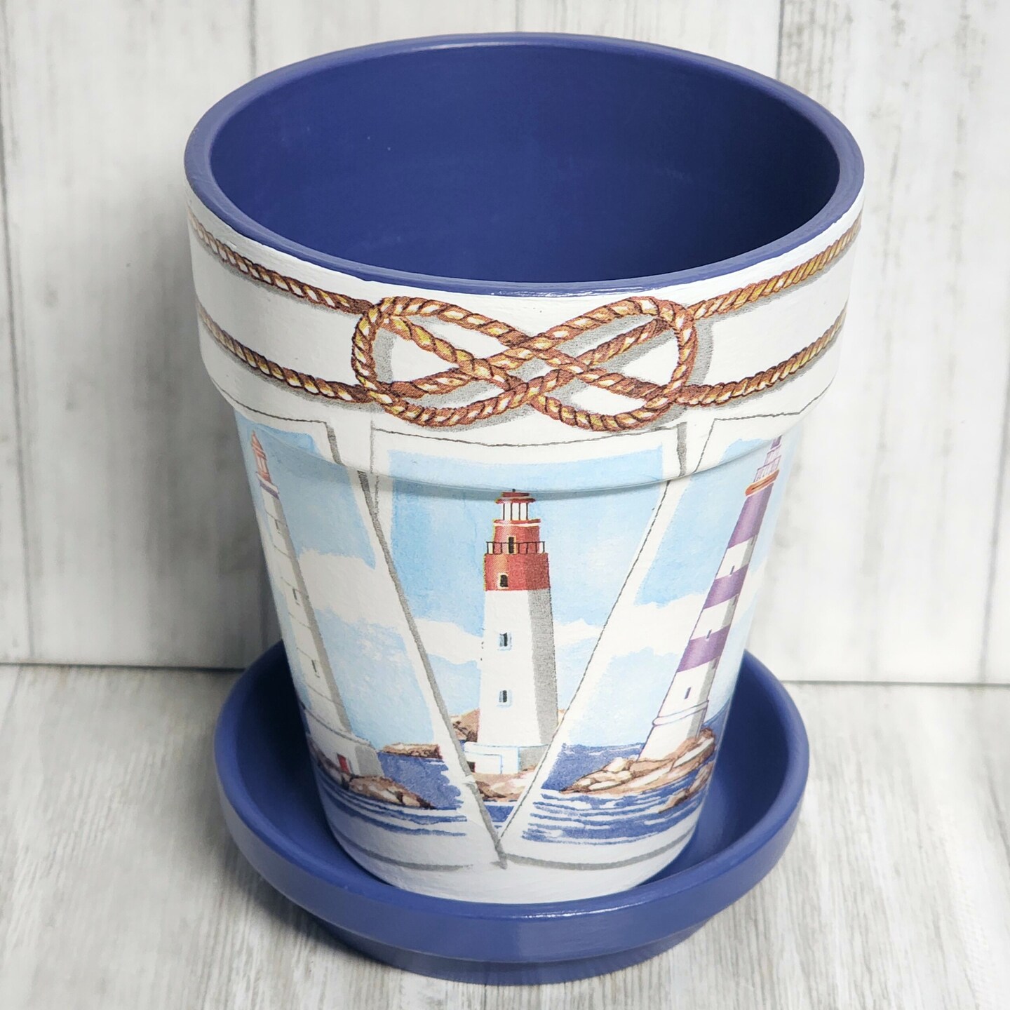 LIGHTHOUSES Tall Decoupage Terracotta Clay Pot with Drain Hole and ...