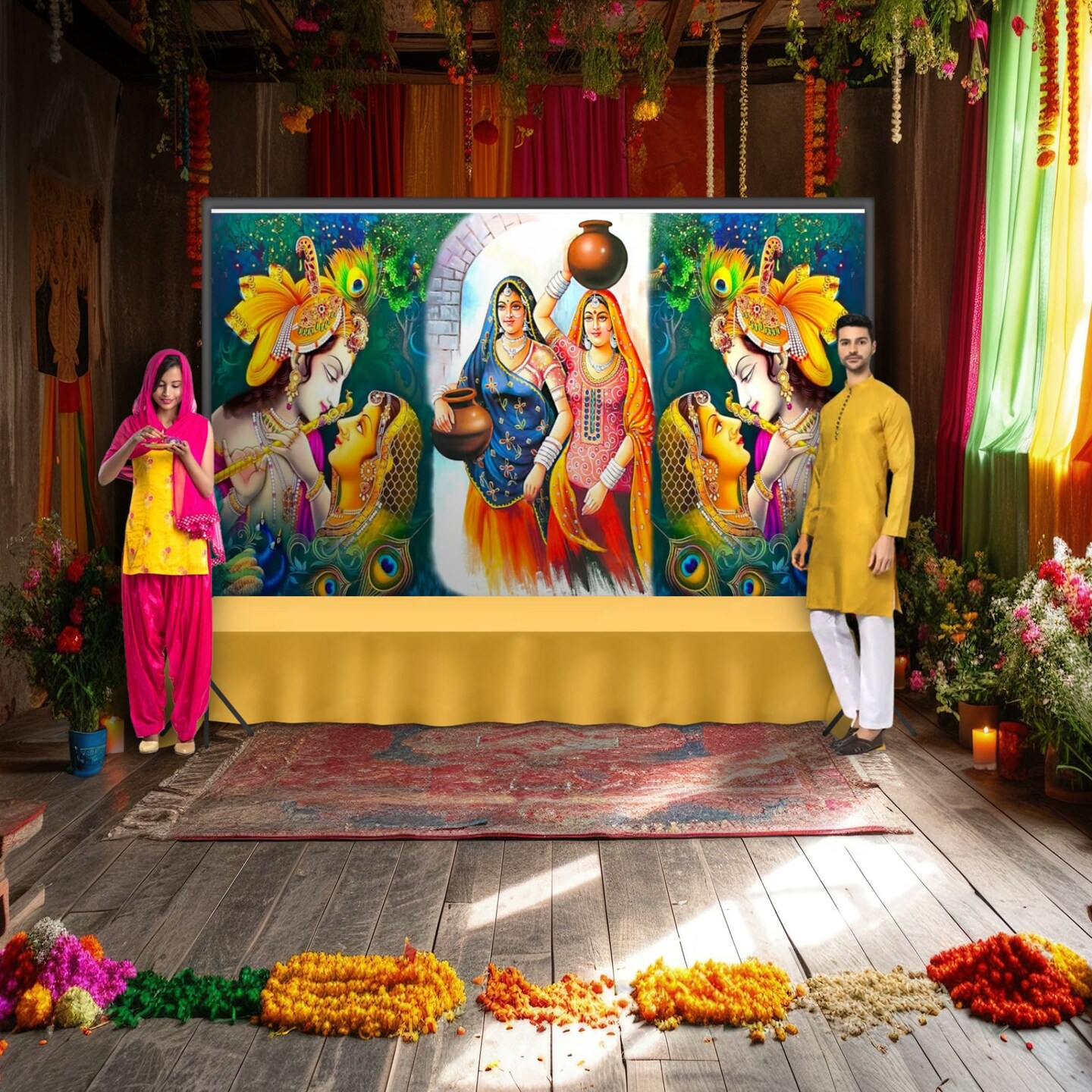 5x8 Feet Radha Krishna Backdrop Indian Traditional Cloth Backdrop Pooja ...