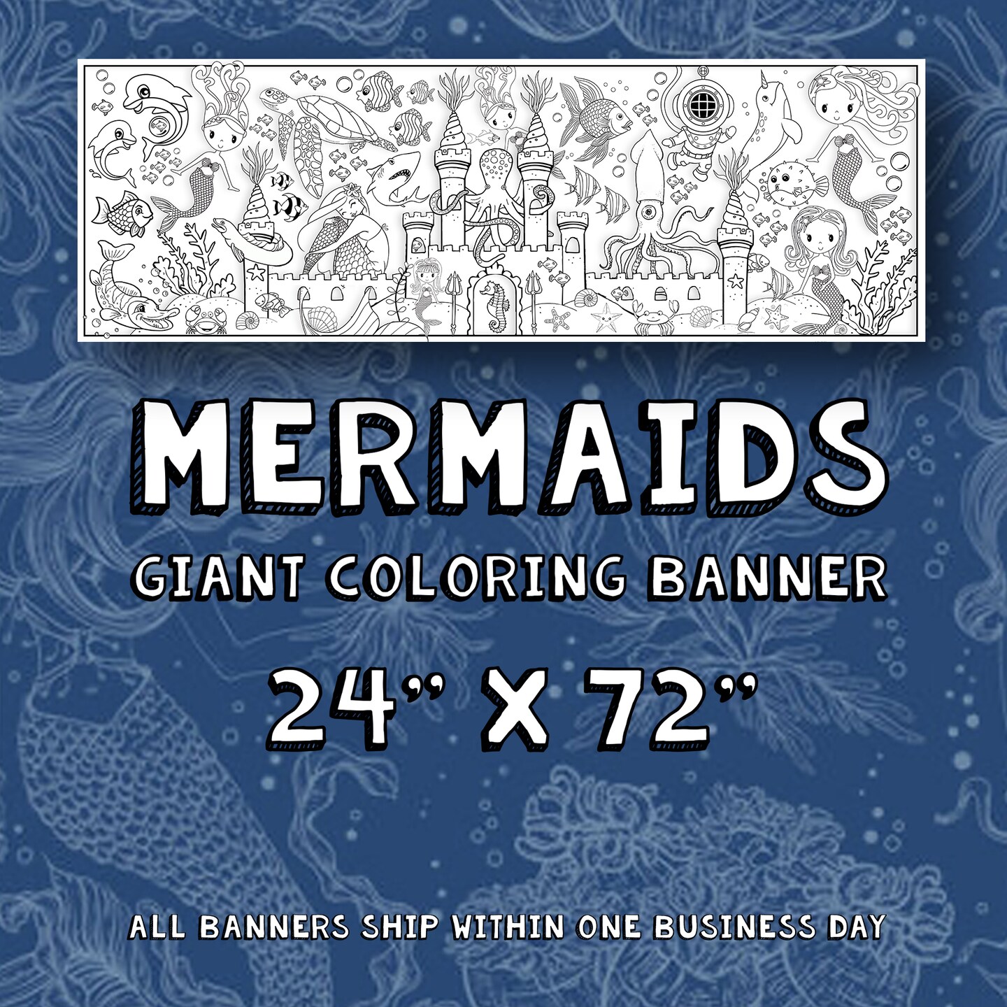 Mermaids and Animals Under The Sea- Giant Coloring Banner, 24x72 inches ...