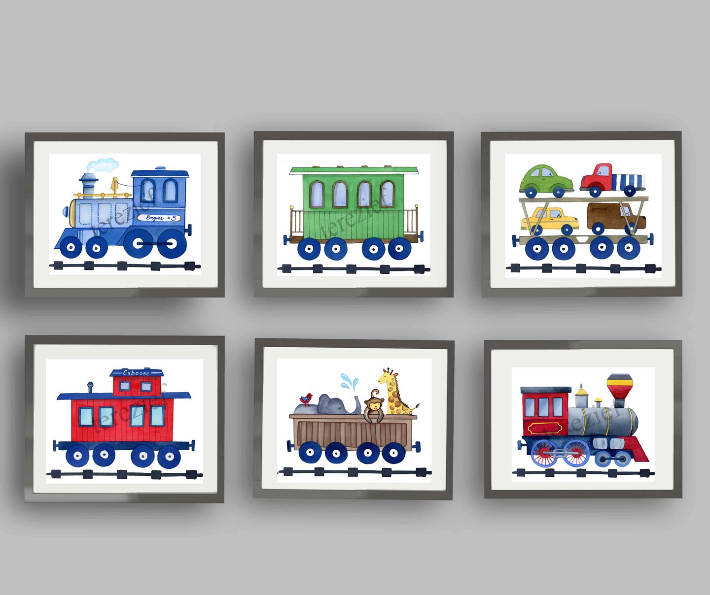 Set of 6 Watercolor Train Art Prints for Boy Nursery or Bedroom ...