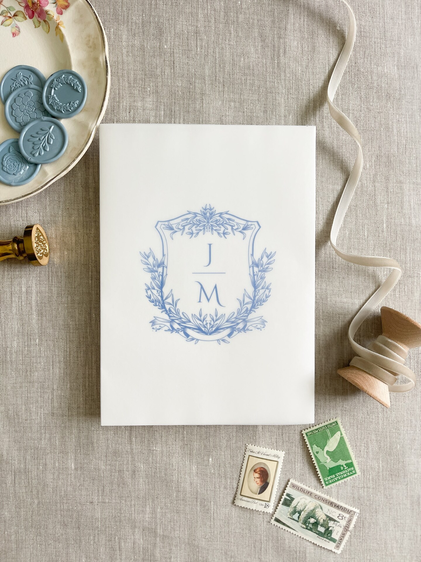 Customizable blue crest vellum jacket for invitations, Vellum wraps ...