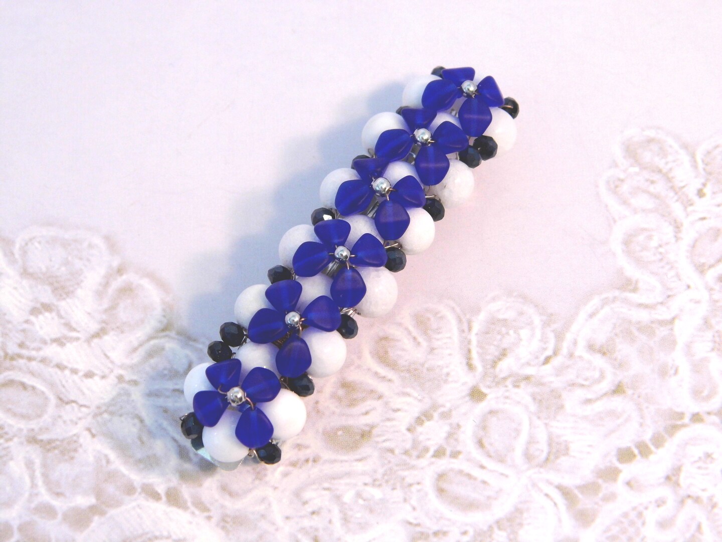 Royal Blue Floral Beaded Barrette with White Glass Beads and Blue ...