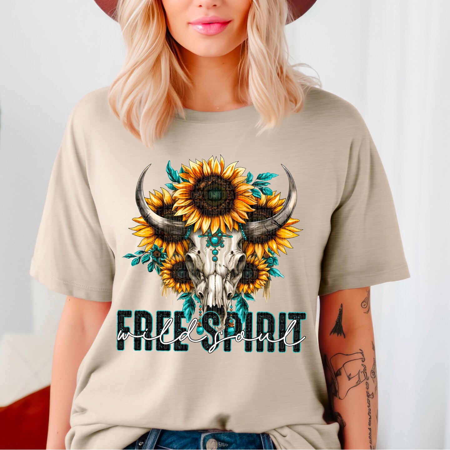 Free Spirit Wild Soul Western Cow Skull Flowers Ready to Press Transfer ...