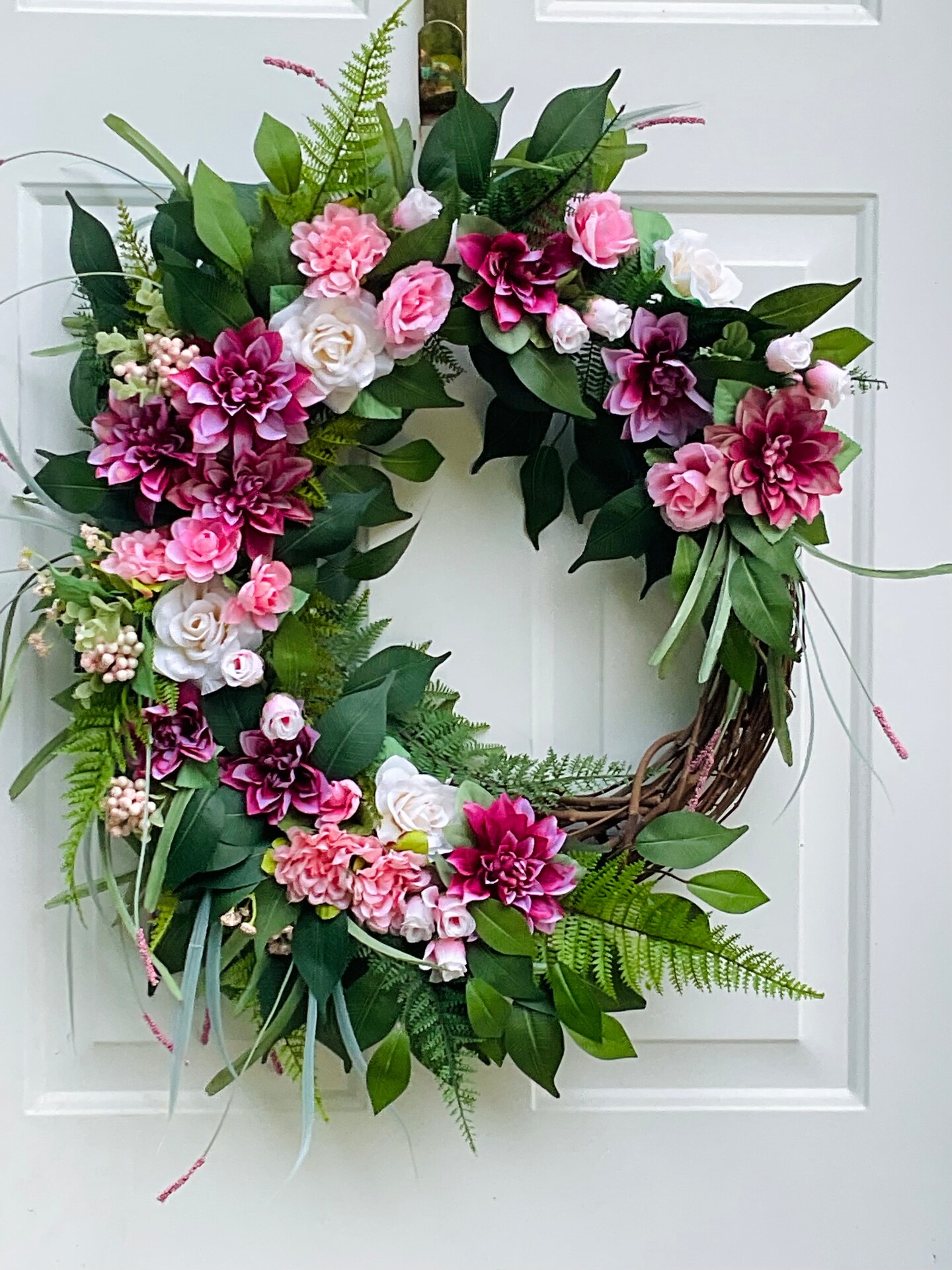 Large Front door Crescent Wreath with Pink and White Roses, Ferns ...