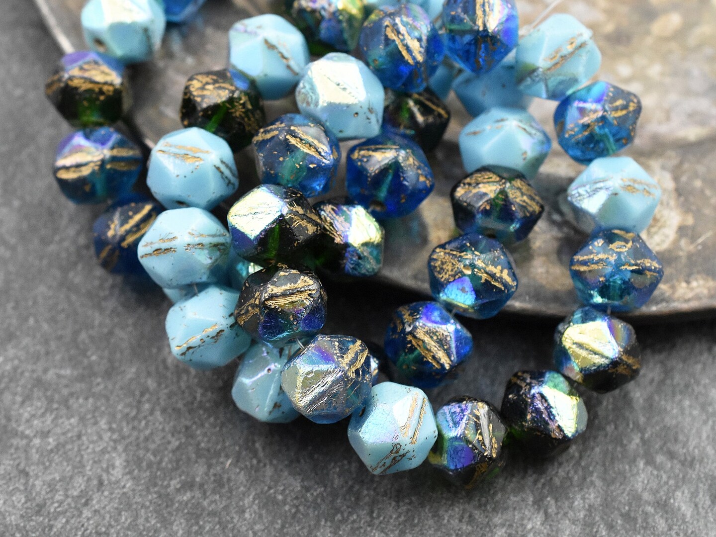 *15* 10mm Gold Washed Mixed Blue AB Antique Cut Round Beads | Michaels