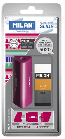 MILAN SLIDE 2 HOLE PENCIL SHARPENER & ERASER (5020) CARDED | Michaels