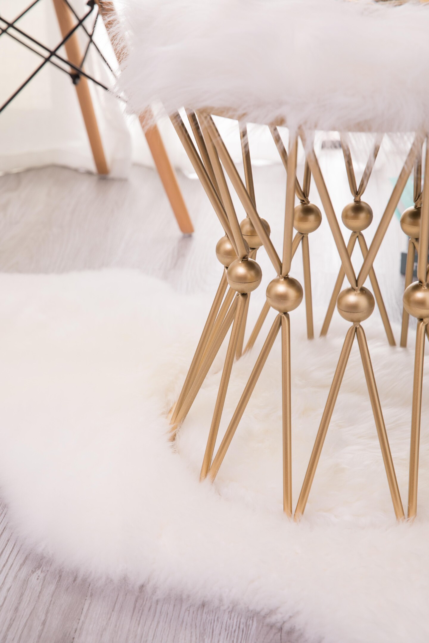 Round Gold Metal Stool with White Fur Top | Michaels
