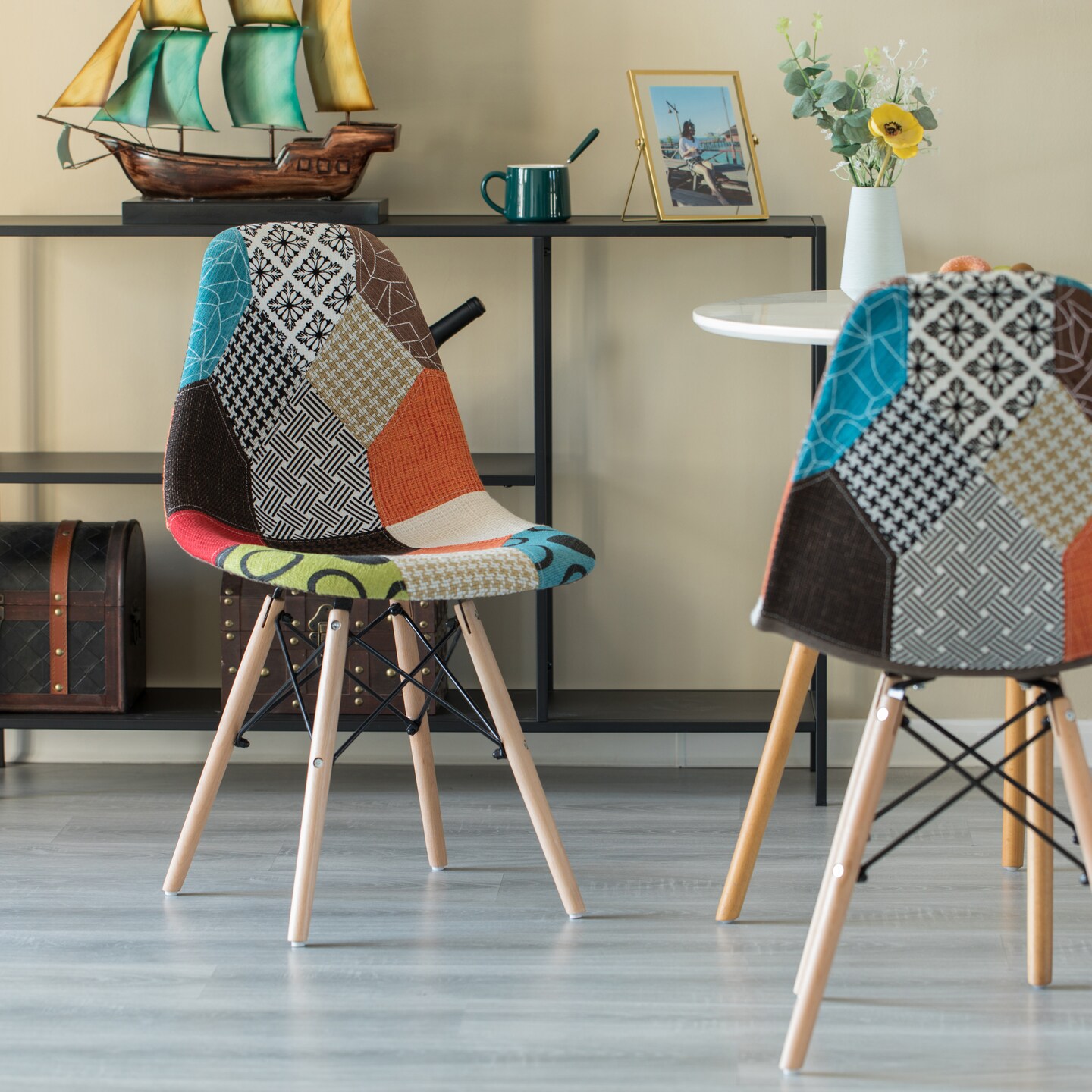 Modern Fabric Patchwork Chair with Wooden Legs for Kitchen Dining Room Entryway Living Room