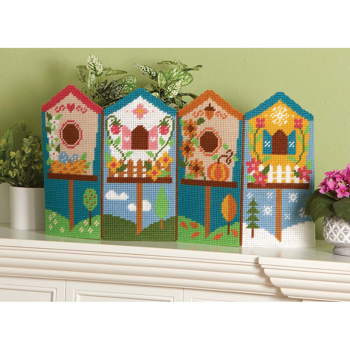 Herrschners Four Seasons Birdhouse Mantel Sitter Plastic Canvas Kit ...