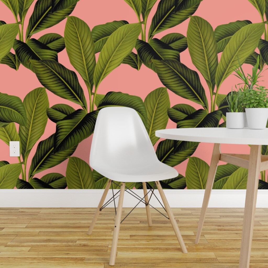 Pre Pasted Wallpaper 2FT Wide Tropical Botanical Coral Pink Palm Leaves Pre Pasted Wallpaper 2FT Wide Tropical Botanical Coral Pink Palm Leaves