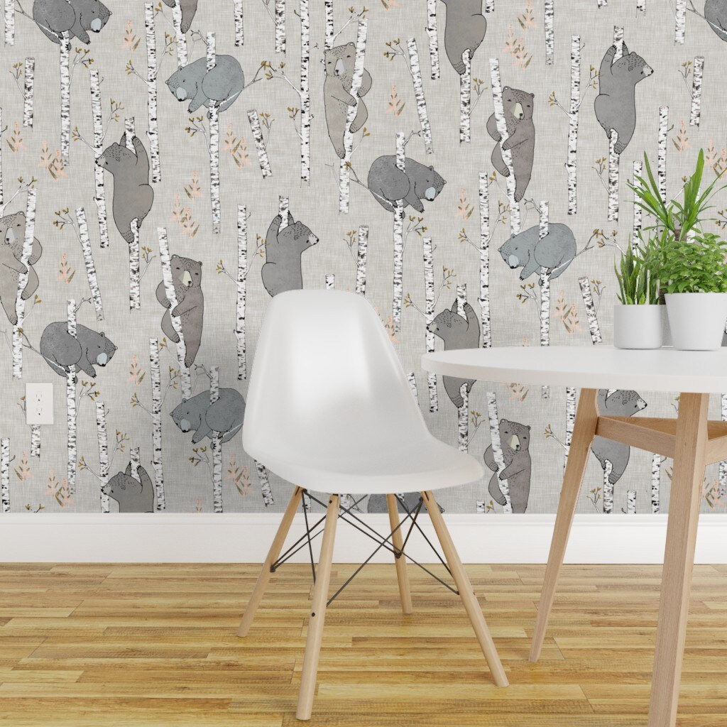 Pre-Pasted Wallpaper 2FT Wide Bear Woodland Forest Neutral Earth Tone ...
