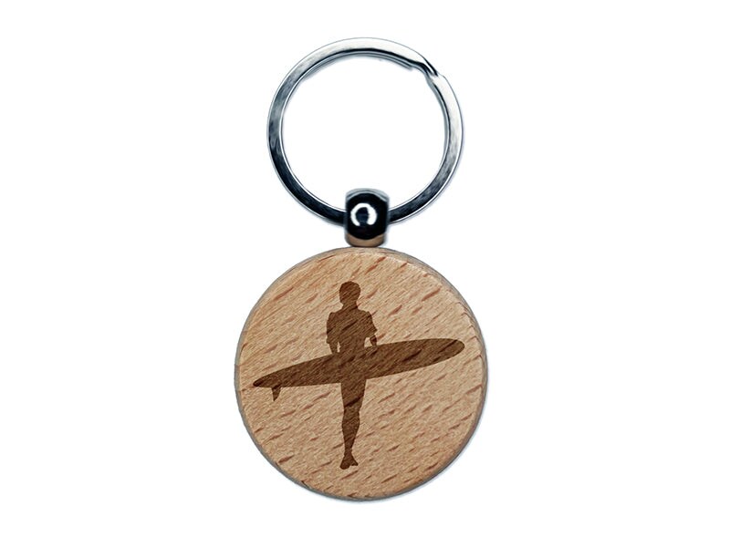 Surfer Surfing Walking with Surfboard Silhouette Engraved Wood Round ...