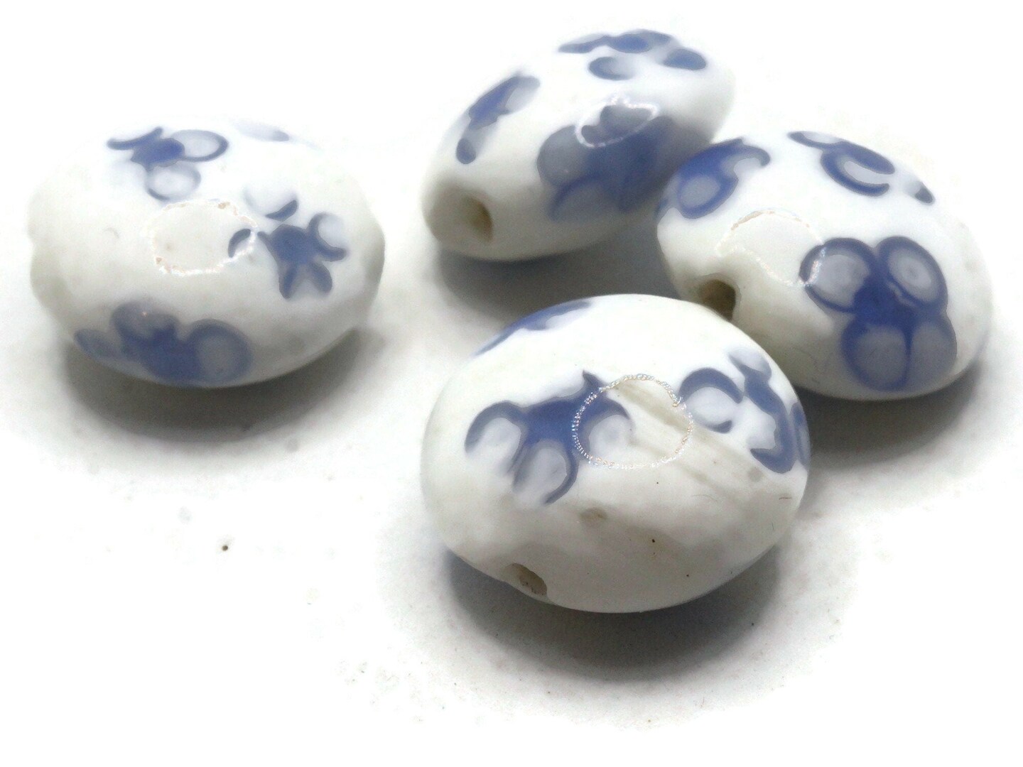 4 16mm Blue Flower White Lampwork Glass Floral Puffed Coin Beads | Michaels