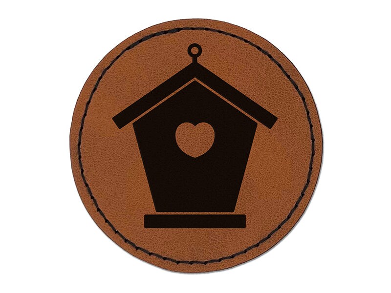 Birdhouse Silhouette with Heart Round Iron-On Engraved Faux Leather ...