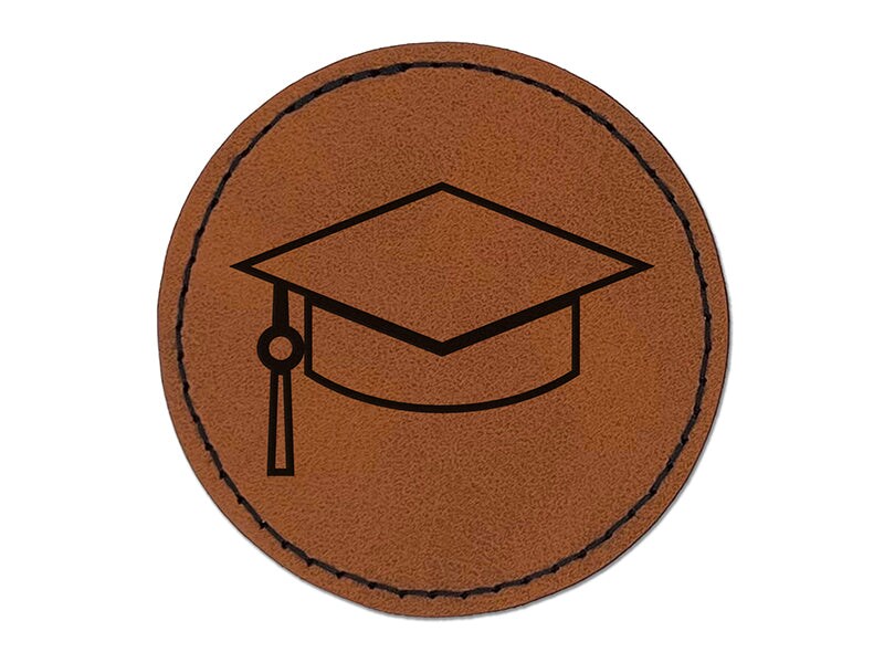 Graduation Cap Hat Round Iron-On Engraved Faux Leather Patch Applique ...