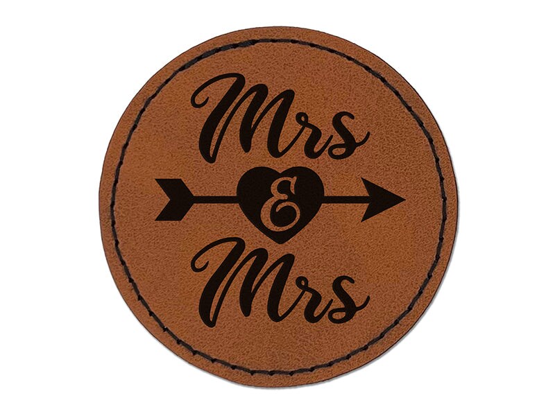 Mrs and Mrs Heart and Arrow Wedding Round Iron-On Engraved Faux Leather ...