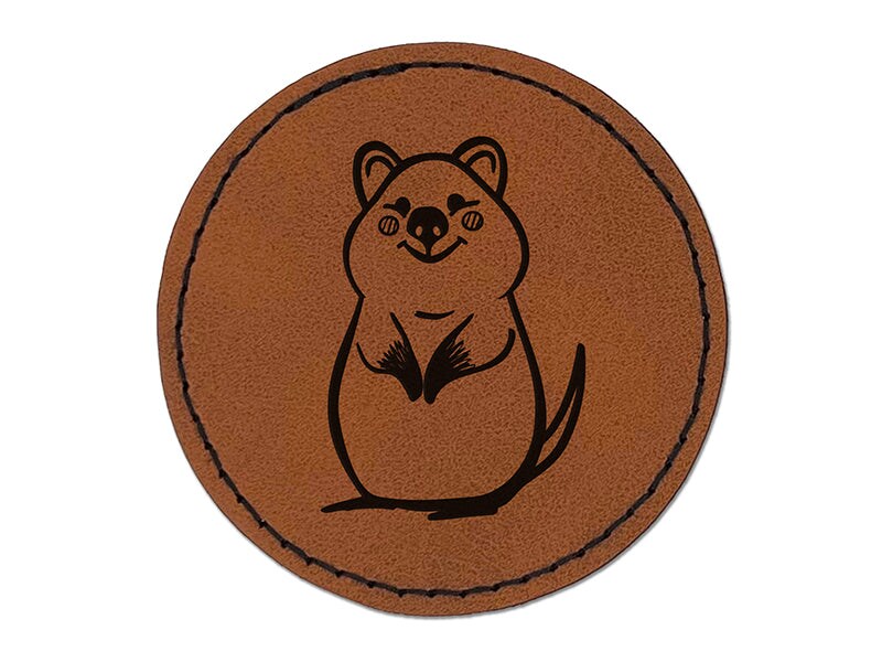 Cheerful Standing Quokka Round Iron-On Engraved Faux Leather Patch ...