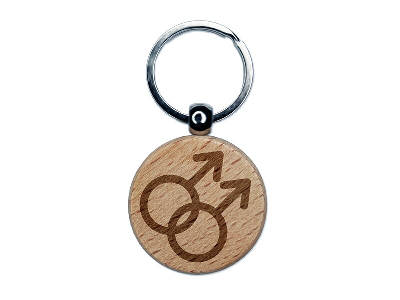 Doubled Male Sign Gay Gender Symbol Engraved Wood Round Keychain Tag
