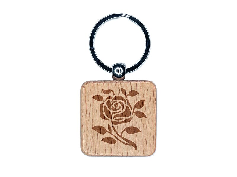 Elegant Rose Stem with Leaves Engraved Wood Square Keychain Tag Charm ...