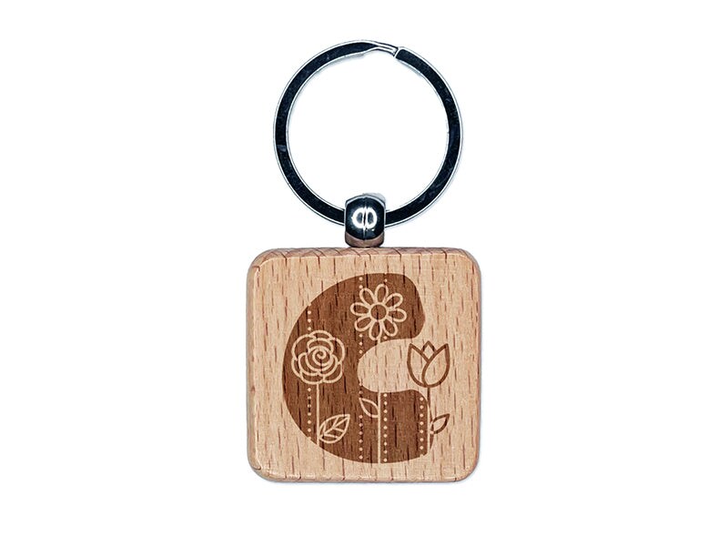 Sweet and Cute Flowers Rounded Block Letter C Engraved Wood Square ...