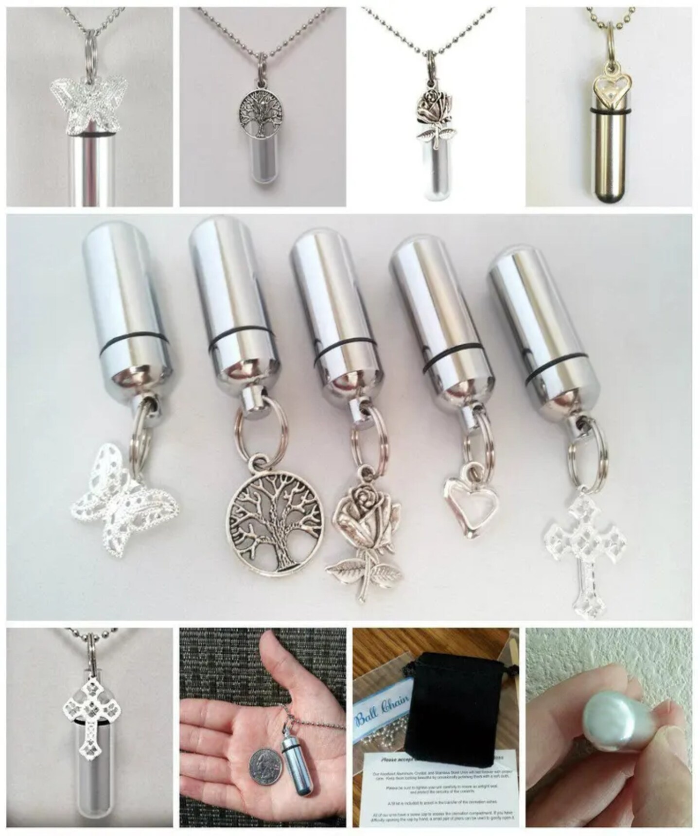 Set of FIVE Polished Silver ASSORTED CREMATION URN Necklaces on 24 ...
