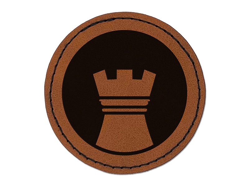 Chess Piece White Rook Round Iron-On Engraved Faux Leather Patch ...