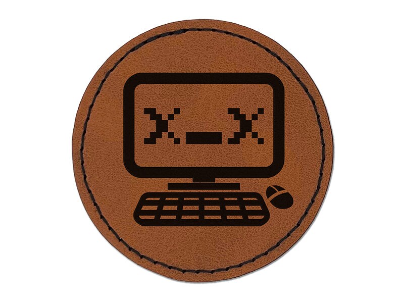 Dead Kawaii Computer Face Emoticon Round Iron-On Engraved Faux Leather ...
