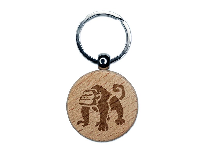 Grumpy Monkey with Curly Tail Engraved Wood Round Keychain Tag Charm ...