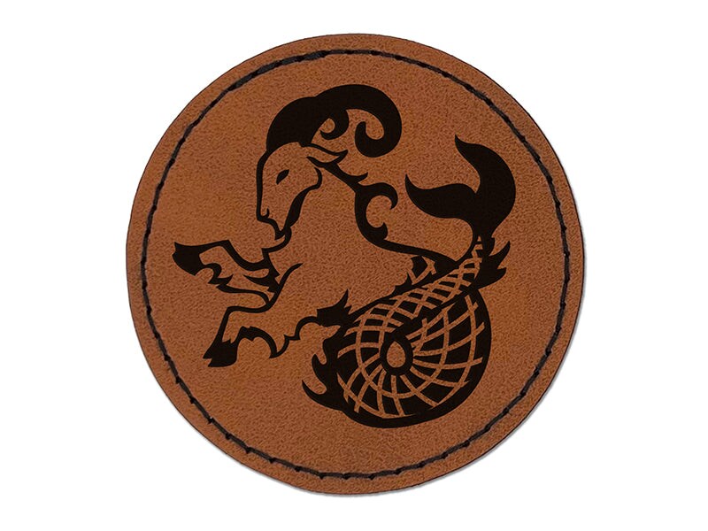Capricorn Sea Goat Mythical Creature Round Iron-On Engraved Faux ...
