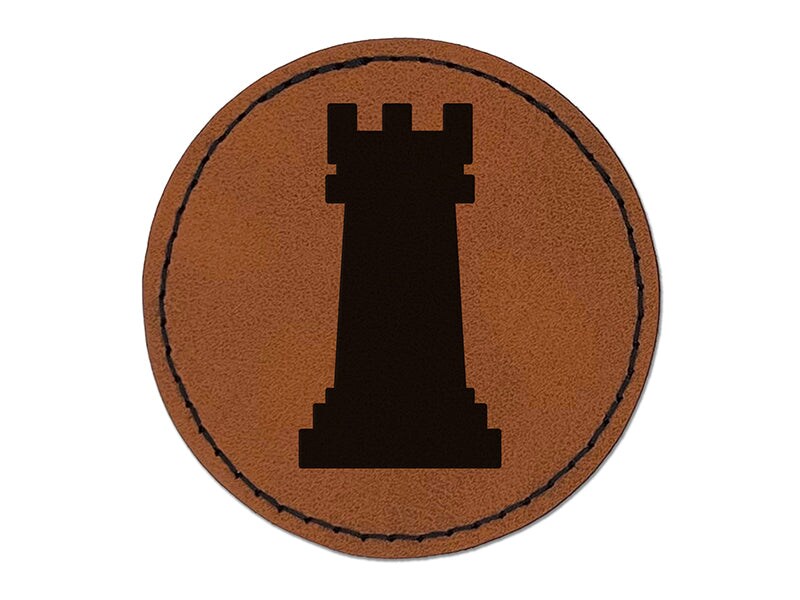 Chess Rook Piece Round Iron-On Engraved Faux Leather Patch Applique - 2 ...