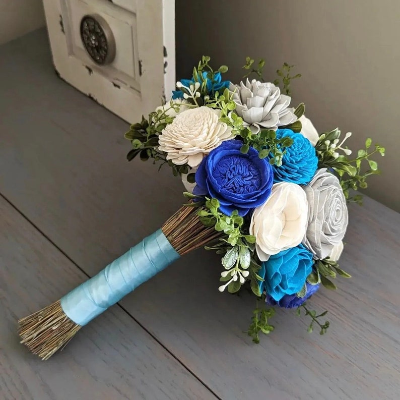 Blue Teal, Royal Blue, Light Gray, and Ivory Sola Wood Flower Bouquet ...