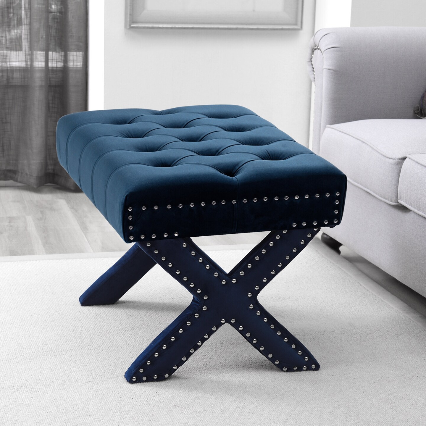 Charlize Linen Velvet Button Tufted Nailhead Trim X Leg Ottoman Michaels