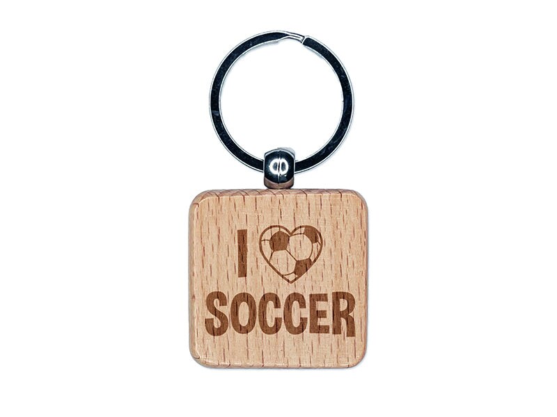 I Love Soccer Heart Shaped Ball Sports Engraved Wood Square Keychain ...