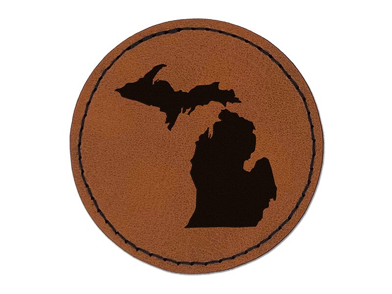 Michigan State Silhouette Round Iron-On Engraved Faux Leather Patch ...