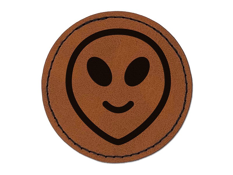 Smiling Happy Alien Emoticon Round Iron-On Engraved Faux Leather Patch ...