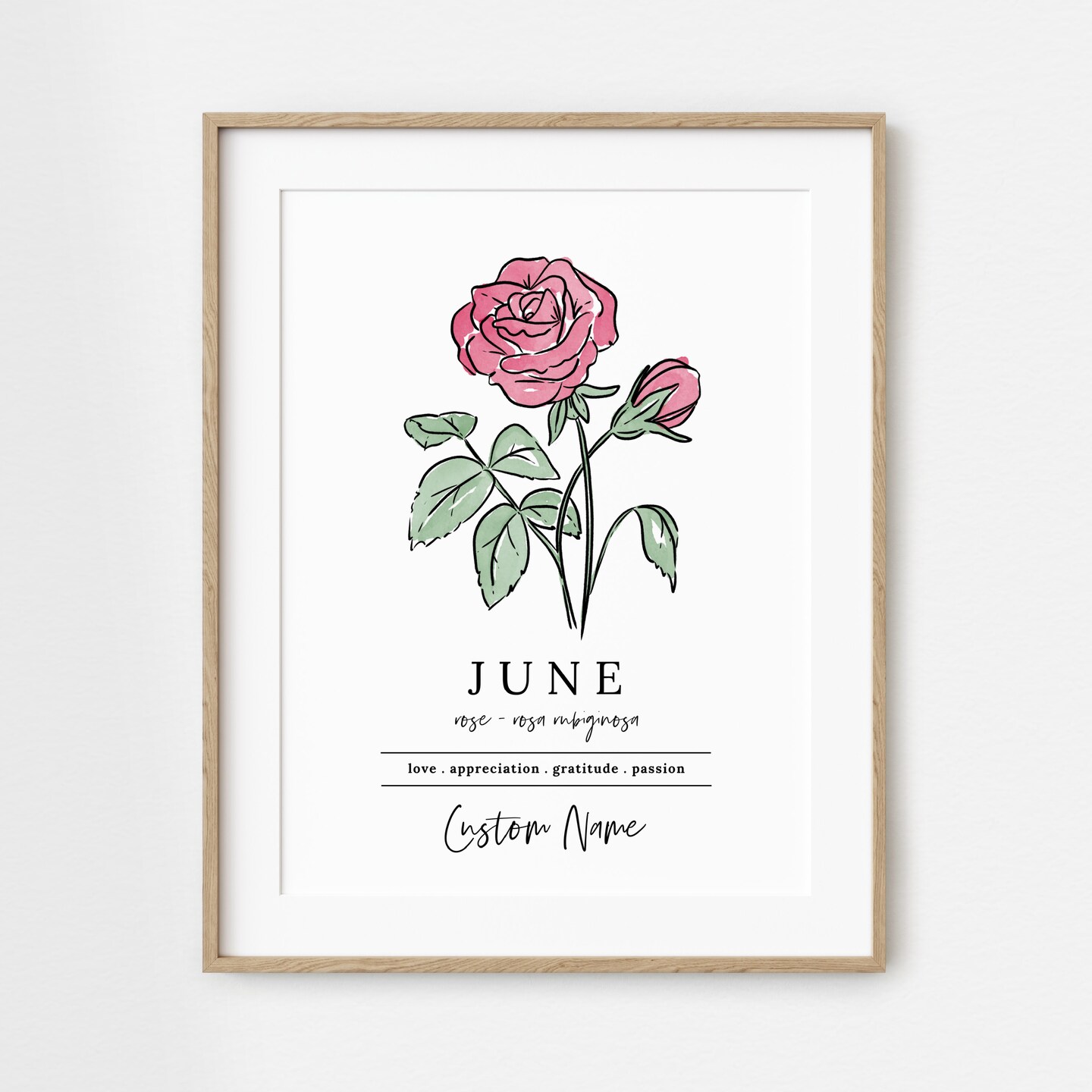 Personalized June Rose Birth Flower Art Print | Custom Keepsake Floral ...