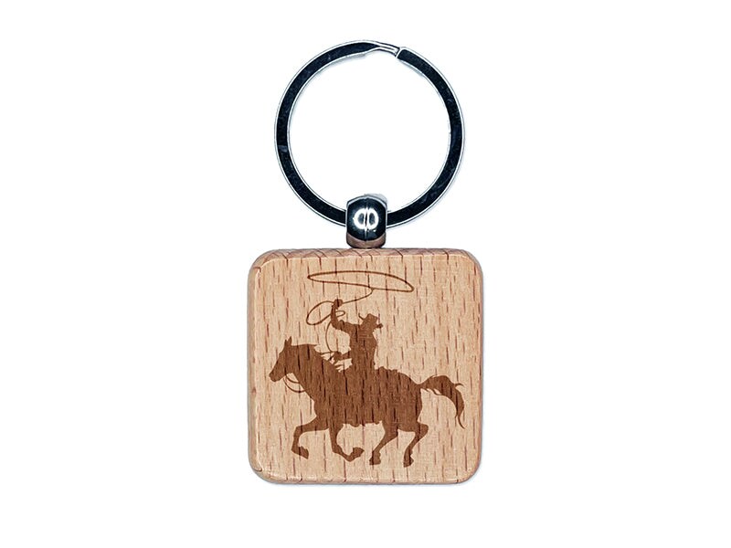Cowboy on Horseback With Lasso Engraved Wood Square Keychain Tag Charm ...