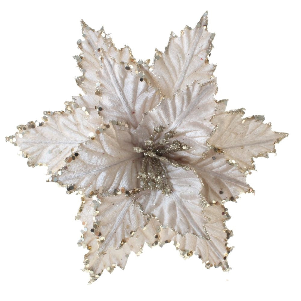 10" White Velvet Poinsettia Flower with Gold Trim – Elegant Christmas ...