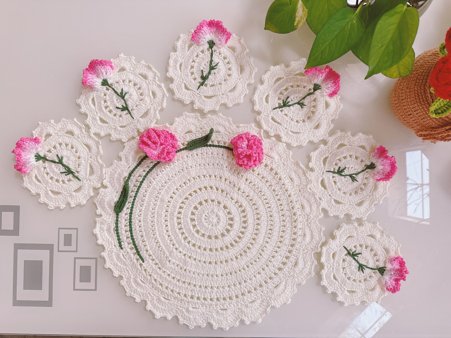 Handmade Crochet Carnations Flower Doilies Coaster Placemat | Elegant ...